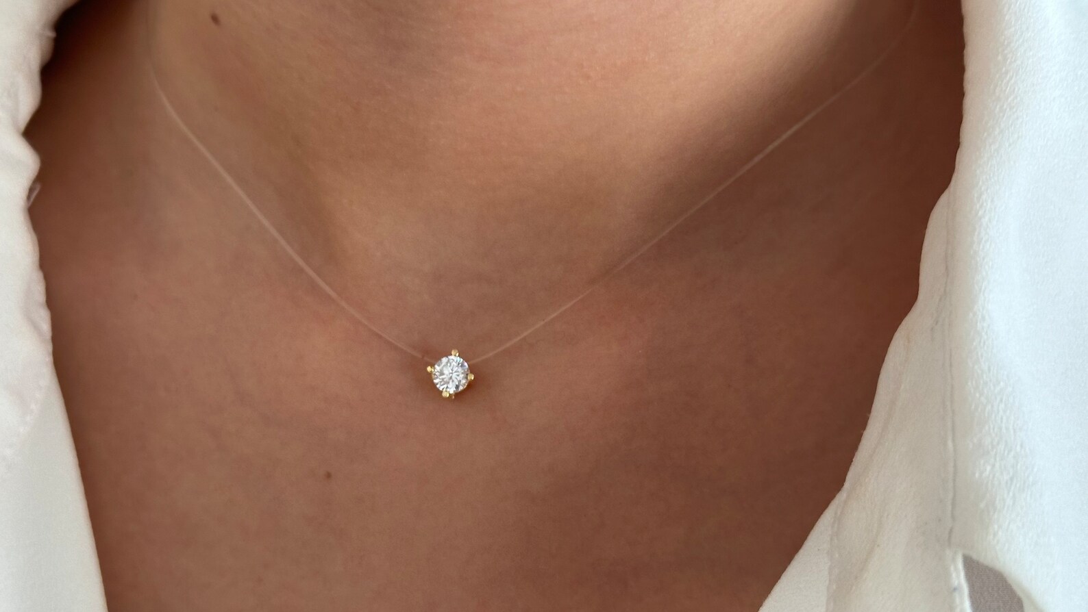 Single Solitaire Invisible CZ Diamond Necklace, Crystal Floating ...