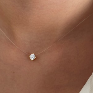 Single Solitaire Invisible CZ Diamond Necklace, Crystal Floating ...