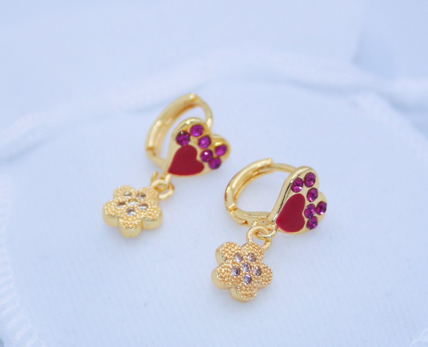 Little Girls Earrings 24k Gold Plated Kids Dangle Heart | Etsy