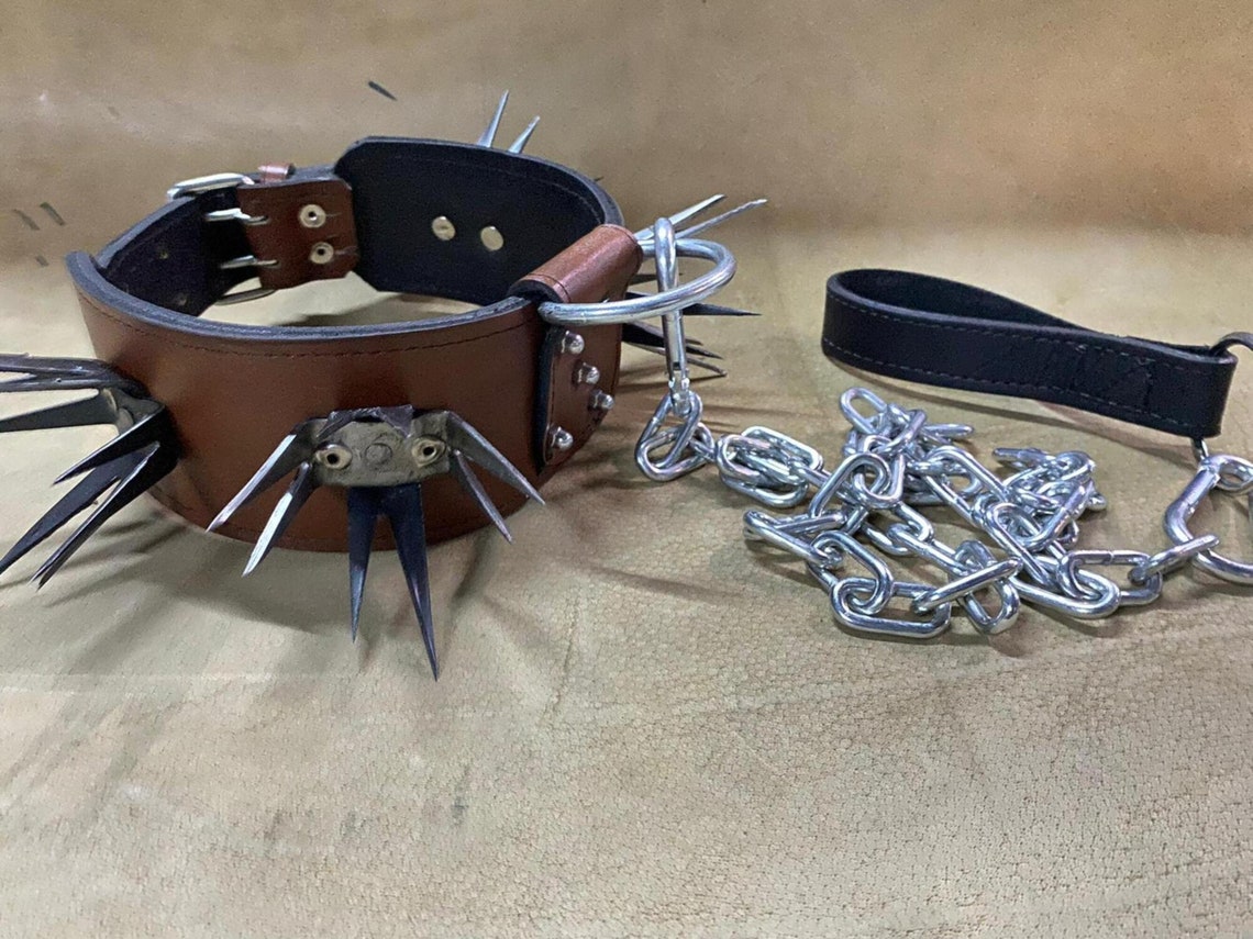 3' Spiky Wide Dog Collar Chain Set Buffalo Leather M/L/XL/XXL - Etsy