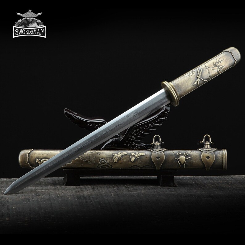 Handmade Damascus Steel Copper Full Tang Chinese Short Sword | Etsy