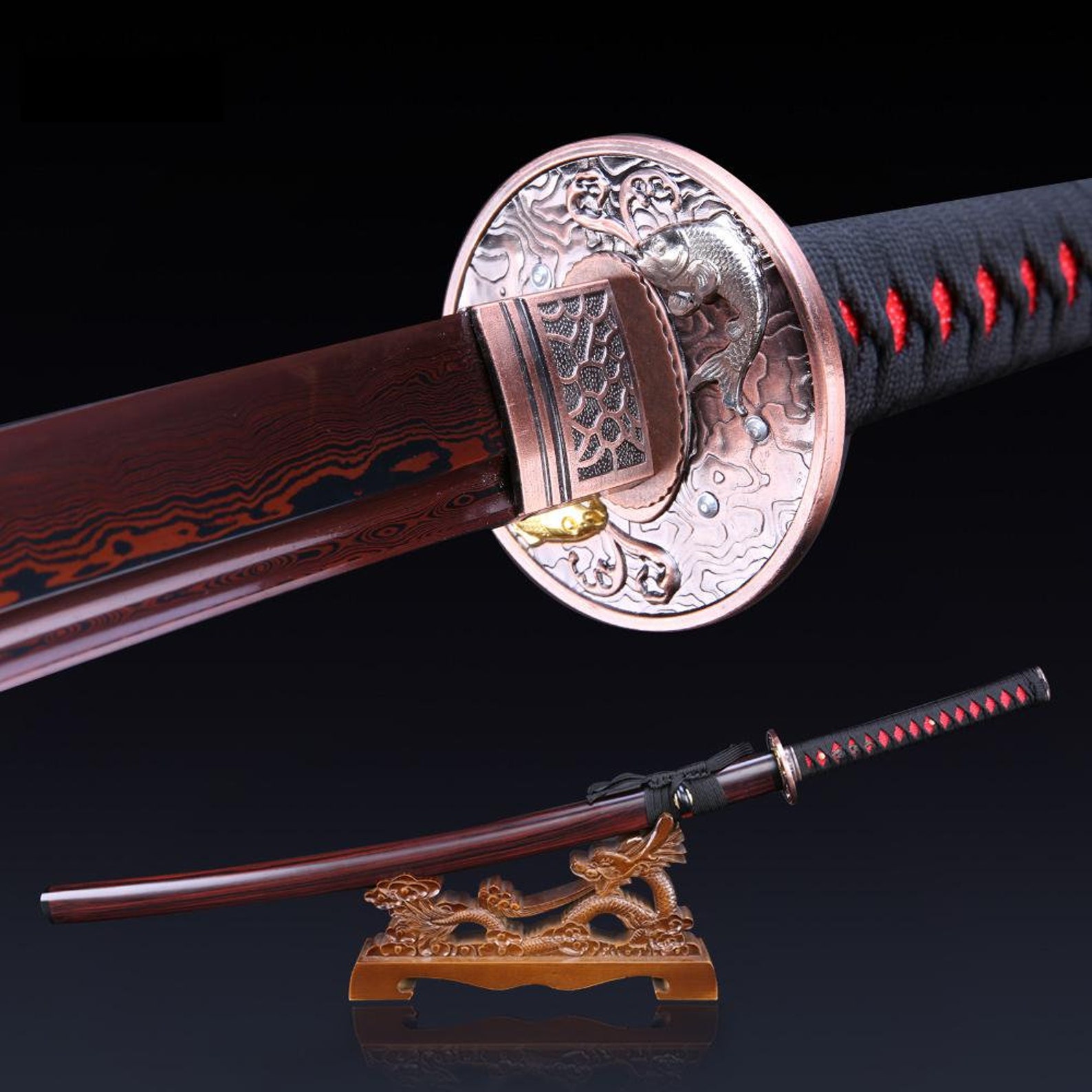 Katana rouge fait à la main en acier Damas rouge plaqué | Etsy