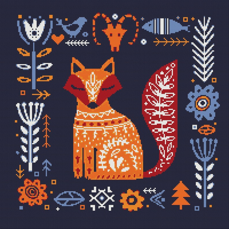Nordic Fox Folk Art Counted Cross Stitch/Needlepoint Pattern | Etsy