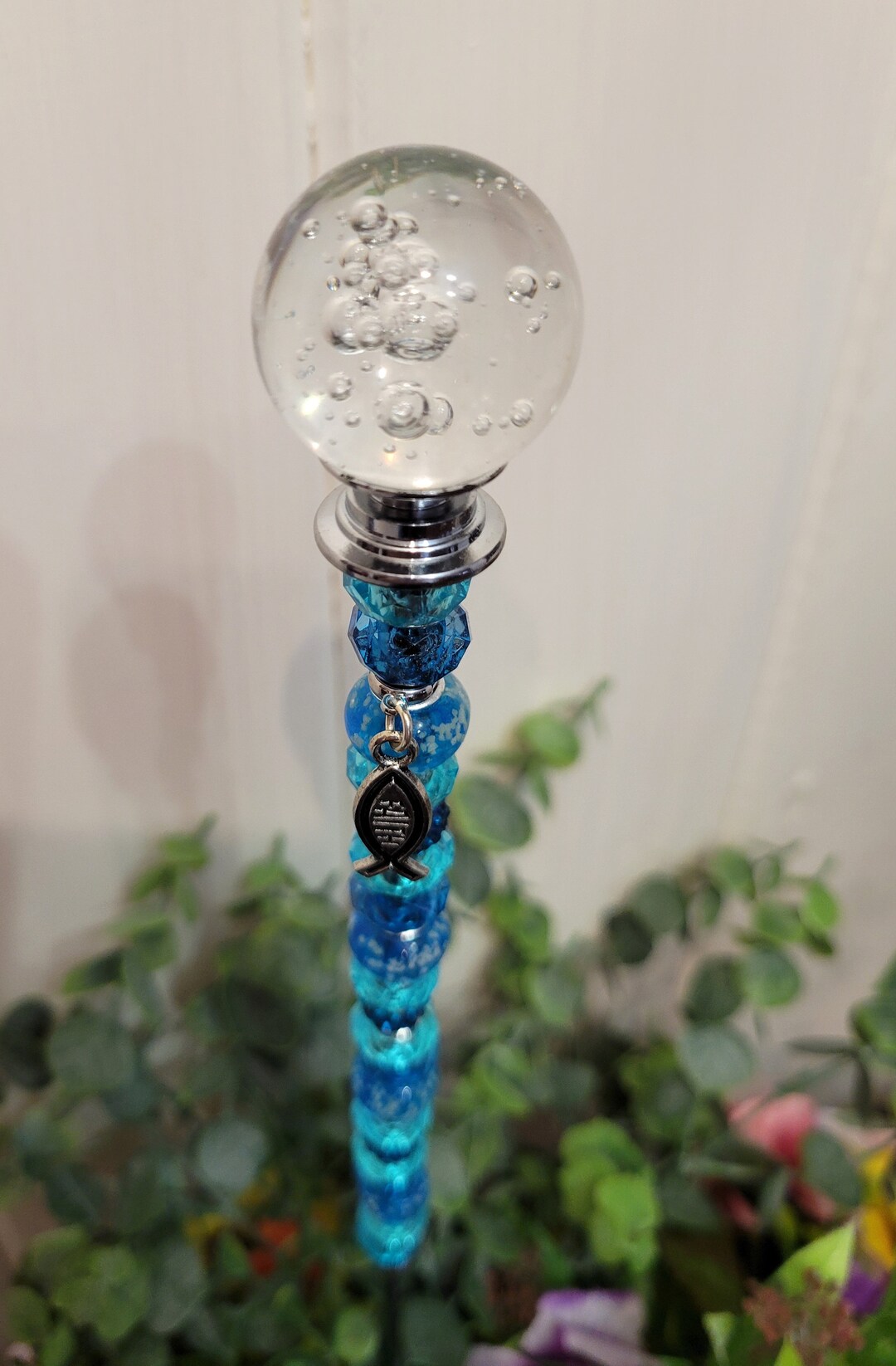 Aqua Blue Garden Wand, Ocean Blue, Bubble Top, Glass Bead, Glow in the ...