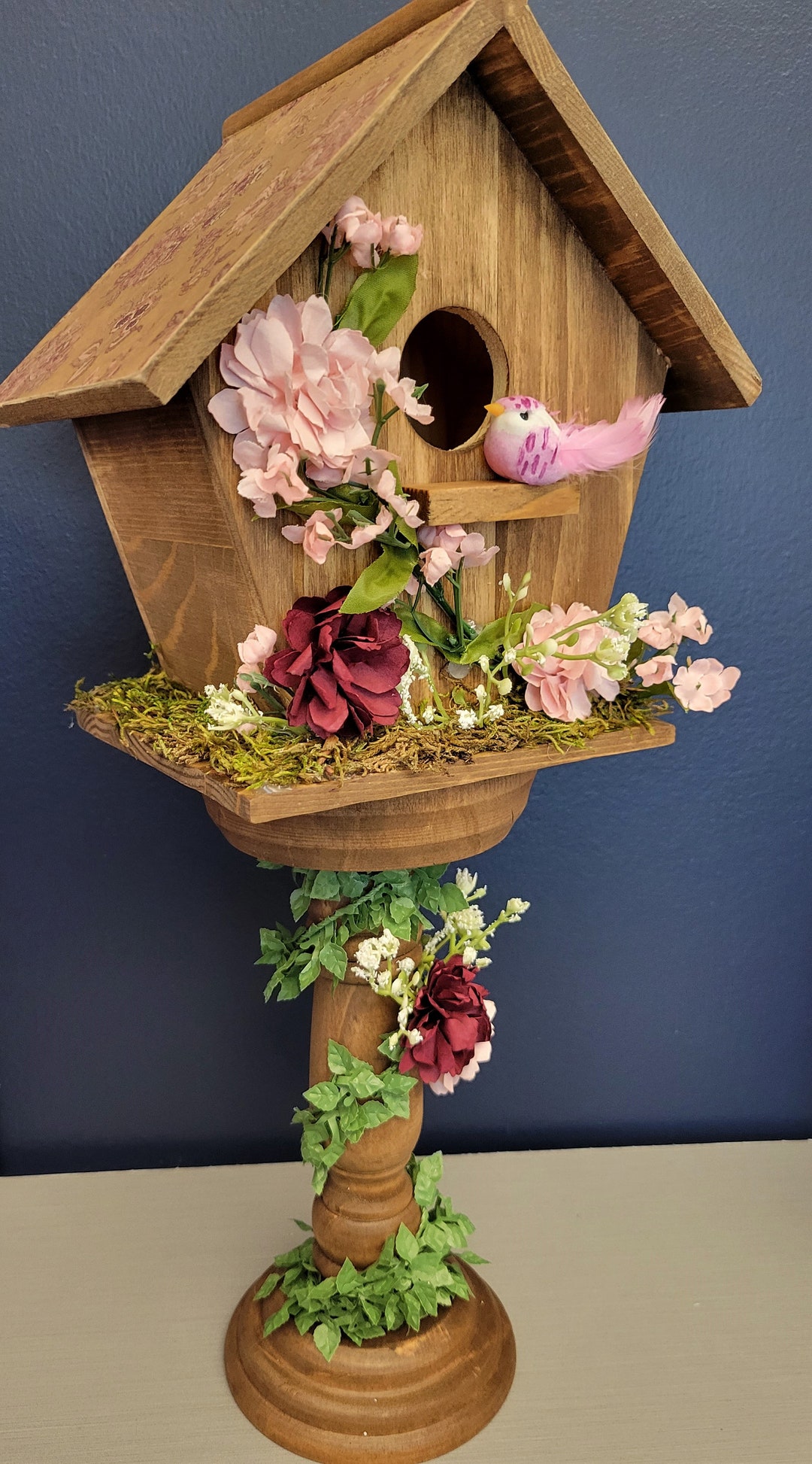 Birdhouse Tabletop Decoration, Spring Pink Floral, Stained Birdhouse ...