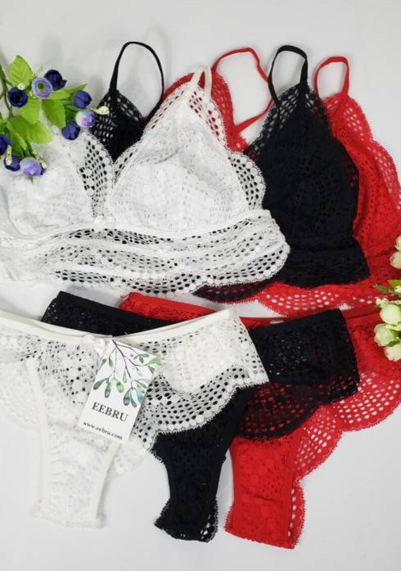 Triangle Lace Bralette Brief SET Lace Bralette Floral Lace Bralette ...