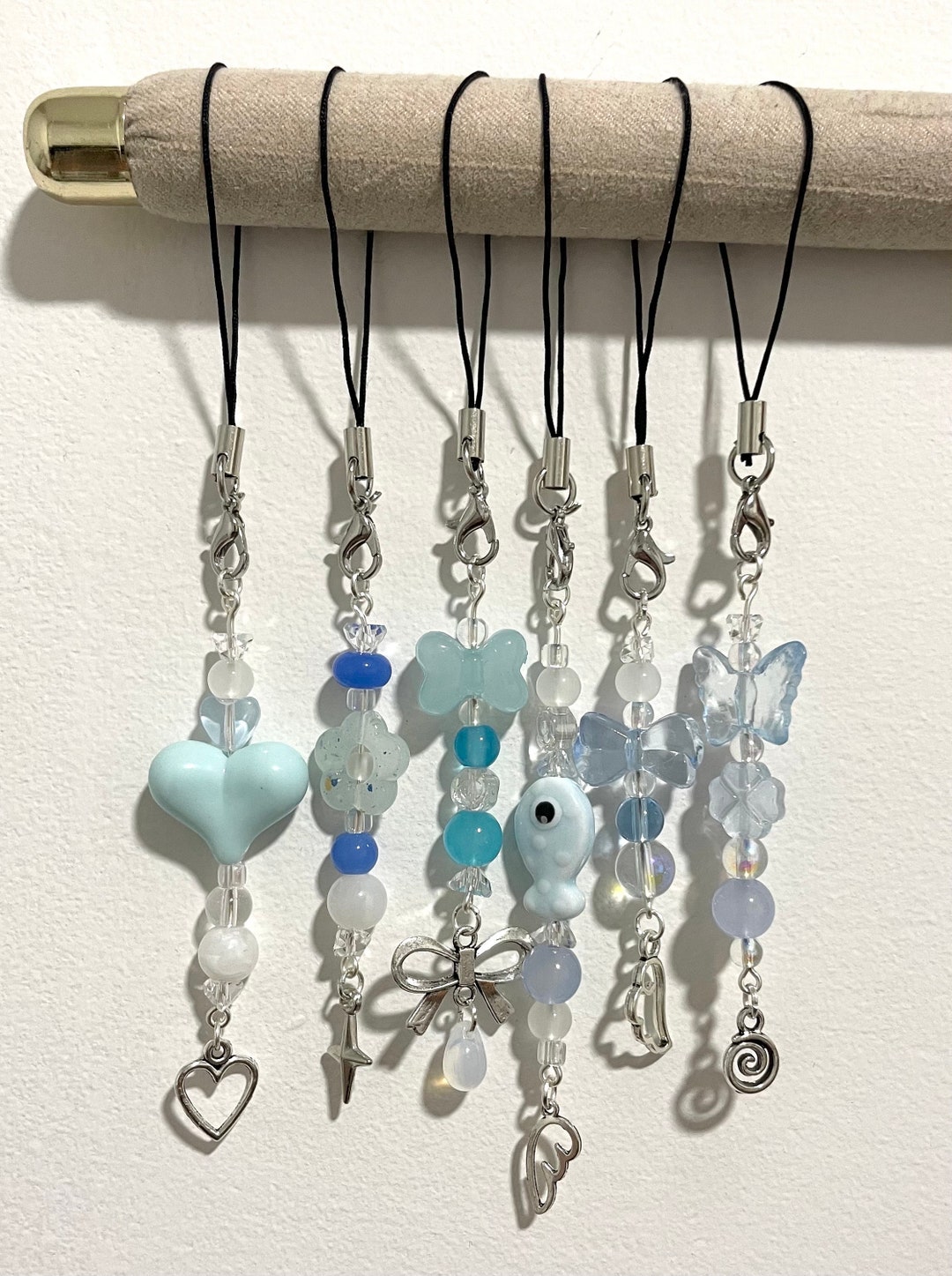 Simple Blue Beaded Phone Charms, Phone Chains, Y2K Glass Beads, Cottagecore, Couquette ...