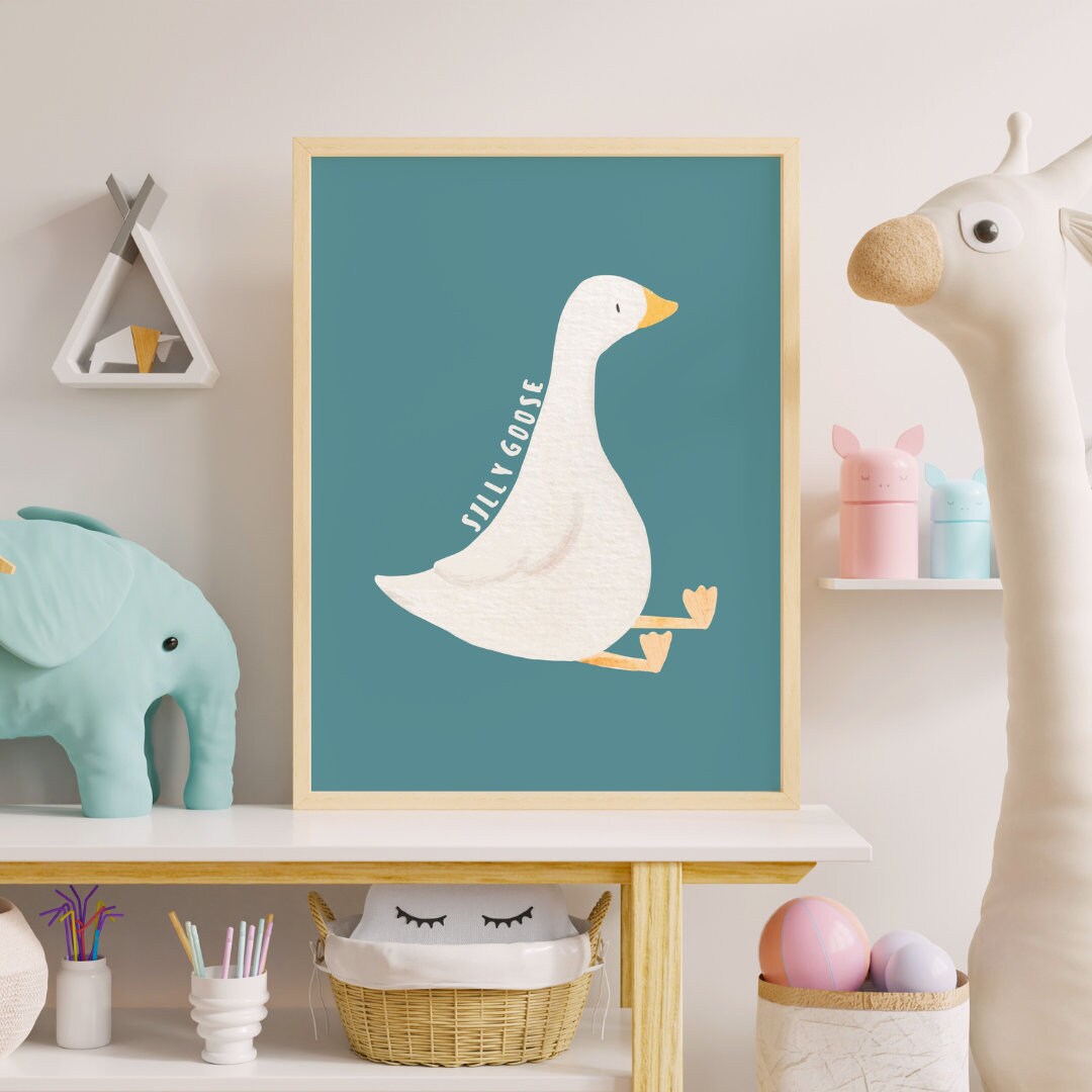 Silly Goose Wall Art, Goose Children's Room, Cute Goose Poster, Blue ...