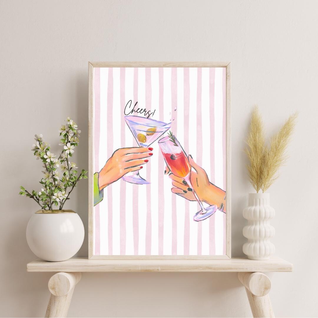 Cheers Print, Striped Martini Wall Decor, Cheers Sign, Cheers Printable Wall Art, Bar Cart ...