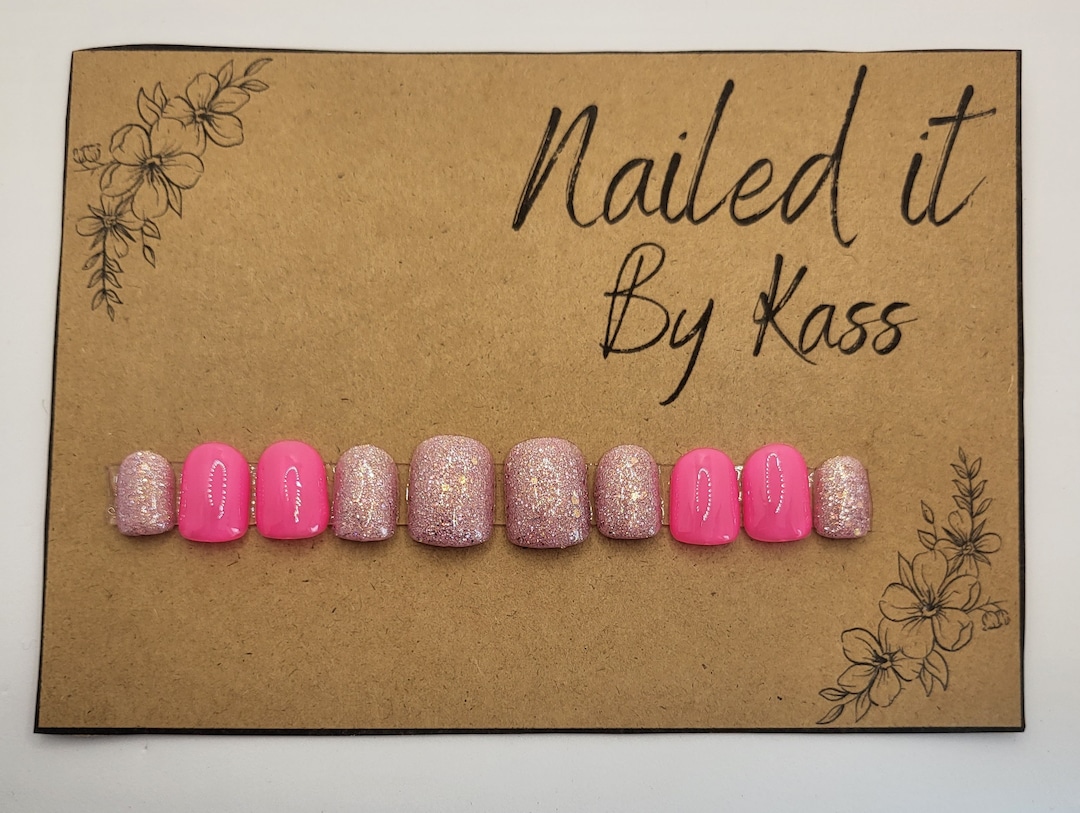 Pink Short Square Gel Press on Nails With Glitter Made in Any Size or ...