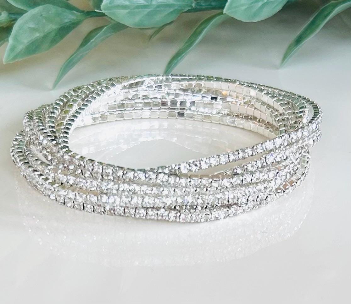 Silver Rhinestone Stretch Bracelets Tennis Bracelets Sparkling Silver ...