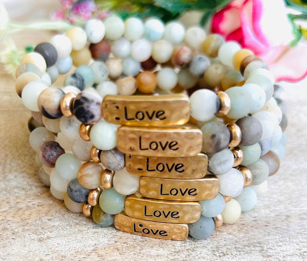 LOVE Gold Bar Bead Bracelet Bead Bracelet Gold Bead Bracelet Stretch ...