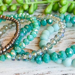 Turquoise Mint Bracelet Stack Bead Bracelet Set for Women Blue Bead Bracelets Silver Bracelets ...