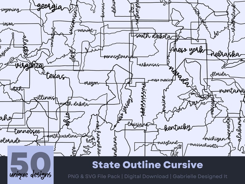 State Outline Cursive PNG & SVG File Pack Digital Download Gabrielle ...