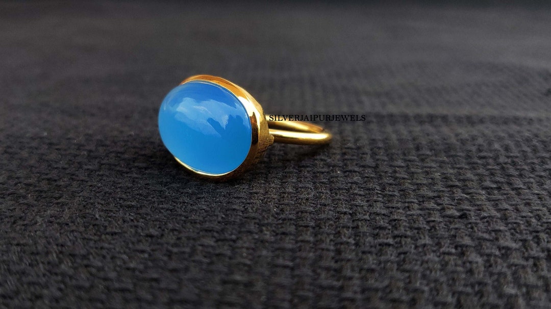 Anillo de calcedonia azul Anillo de plata esterlina Vermeil de oro Oval ...