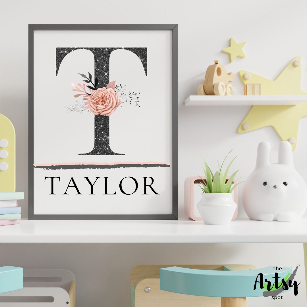 Floral Monogram Poster With Name Girl's Bedroom Name - Etsy