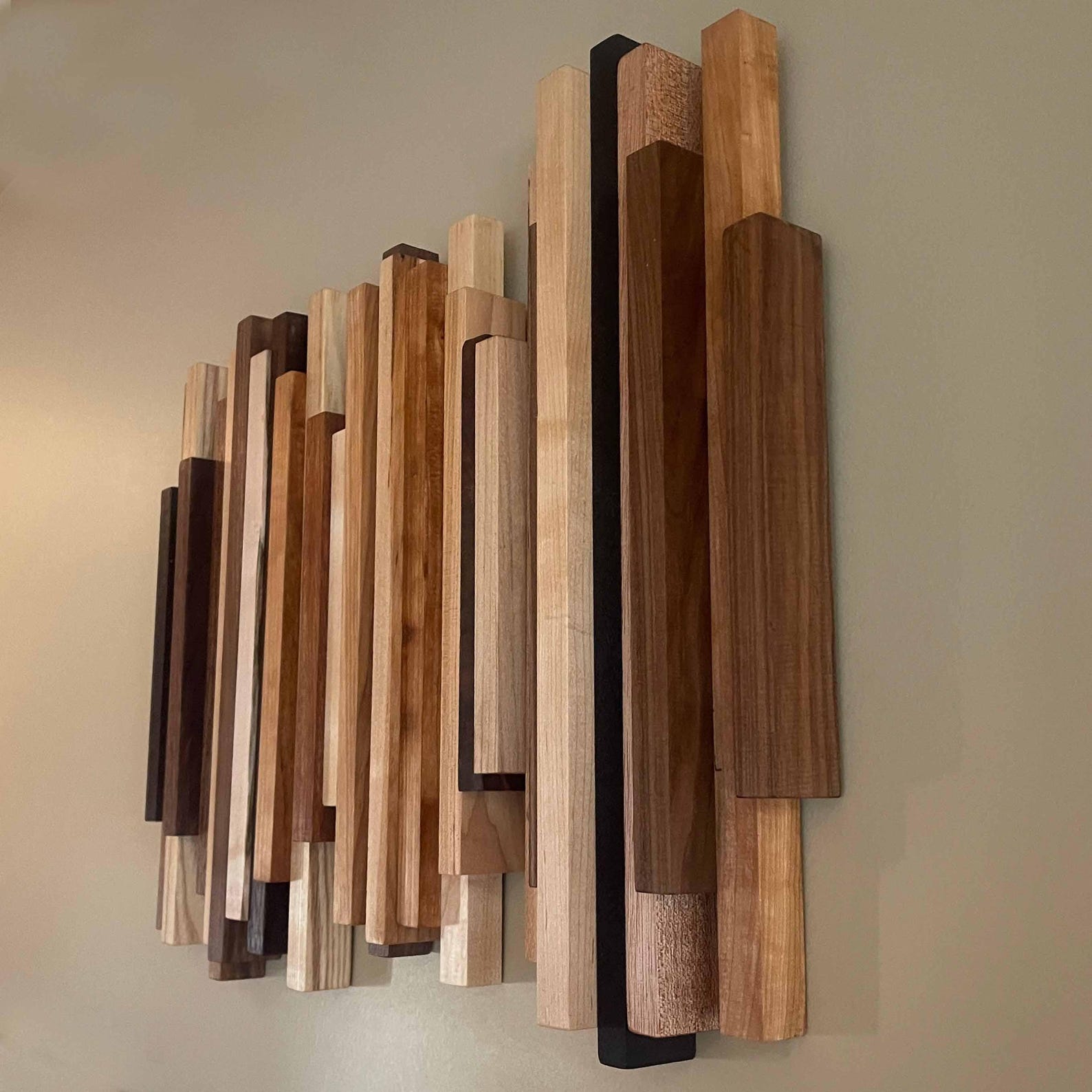 Staggered Wood Wall Artwork, Slat Panel Art, Home Decor, Mid-century ...