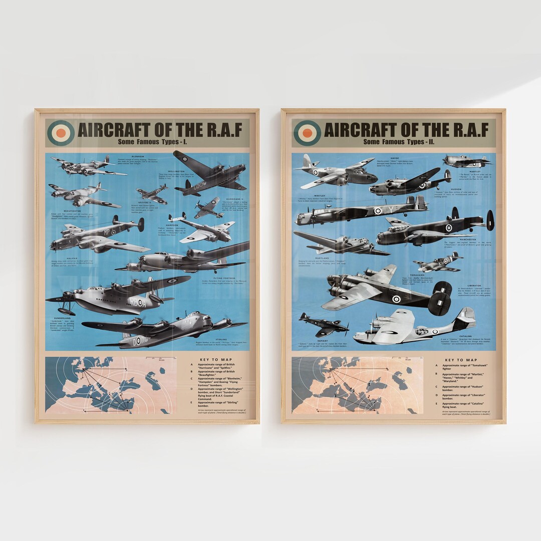Vintage RAF Aircraft Poster Set of 2, WWII British Warplanes Wall Art ...