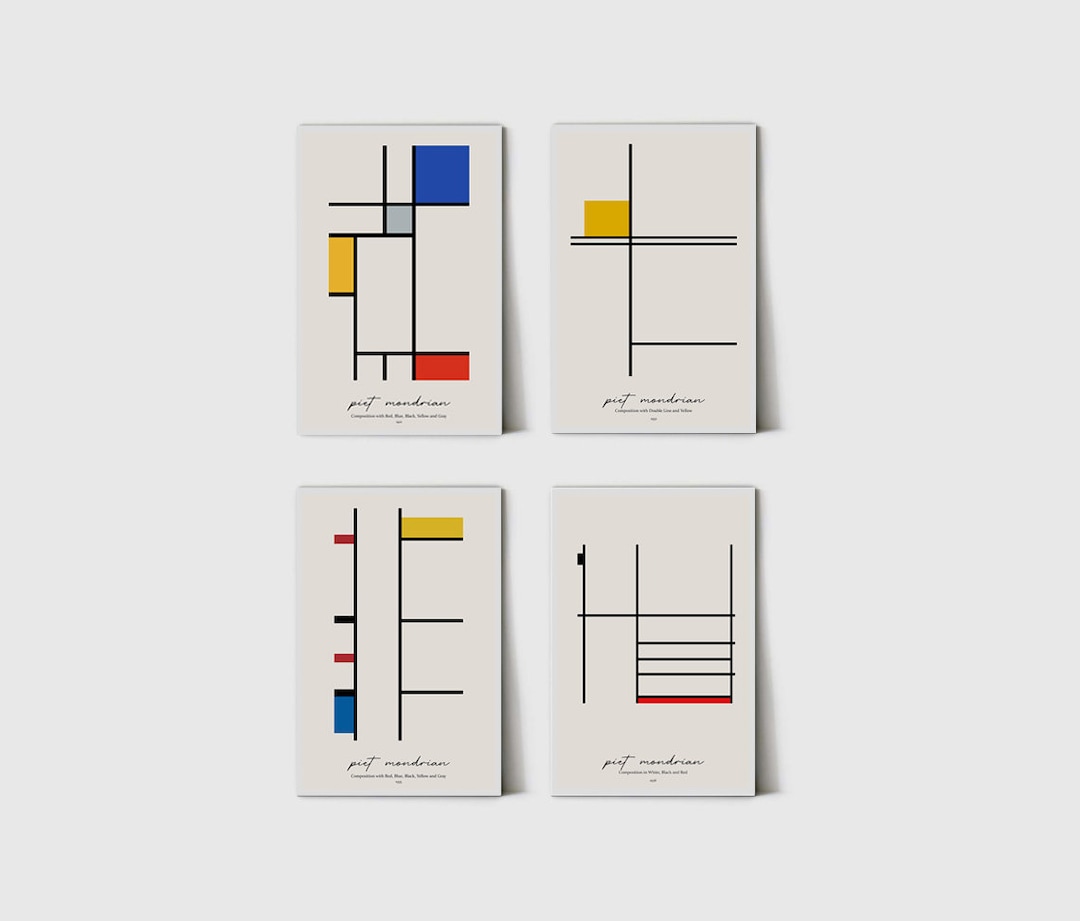 Piet Mondrian Art Bundle, Set of 4 | Compositions in White, Black, Red ...