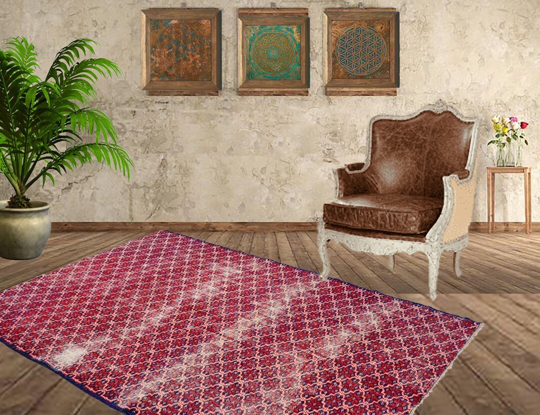 Burgundy Moroccan Turkish Vintage Rug, Handknotted Bohemian Rug,large ...