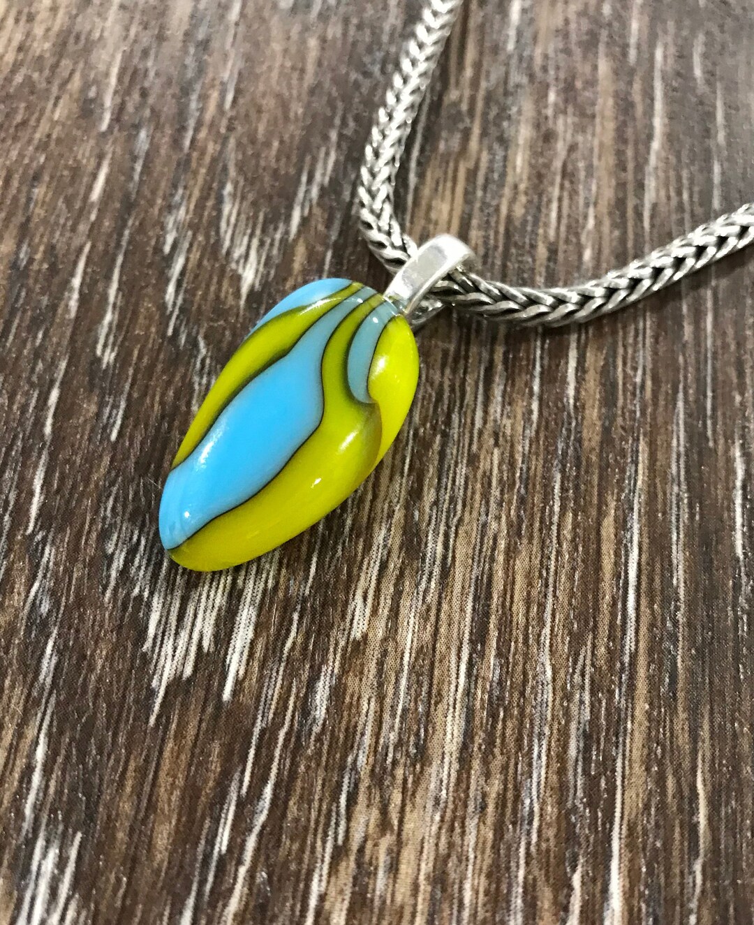 Aqua Blue & Yellow Fused Glass Pendant, Blue Glass Pendant, Yellow ...