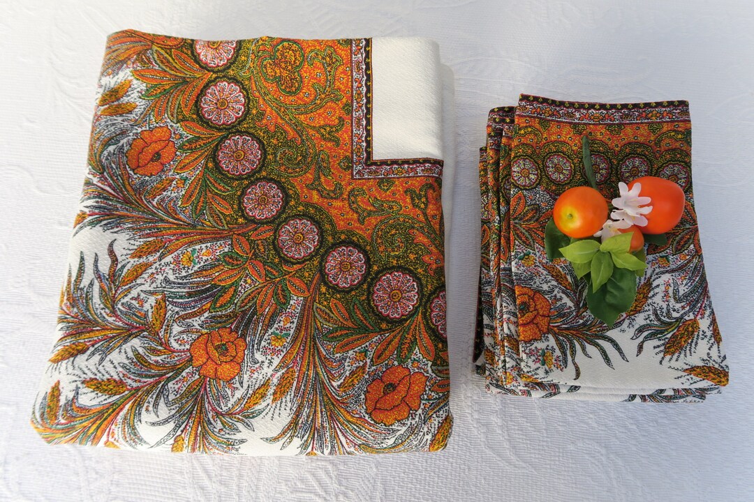 Table Linen Rectangular Tablecloth and 8 Napkins, White and Orange ...