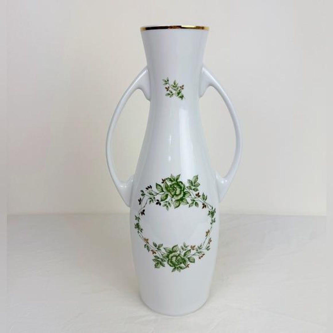Hollohaza Hungary Erika Green Floral Handled Porcelain Vase - Etsy