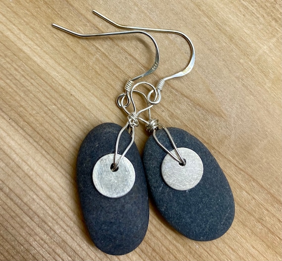 Basalt Beach Stone and Sterling Disc Earrings - Etsy