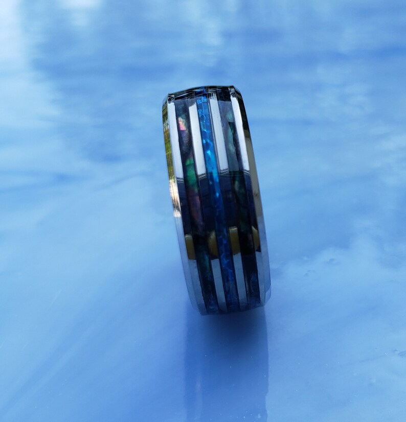 Beveled Stainless Steel Ring: Abalone & Opal Inlay, 8mm Width - Etsy