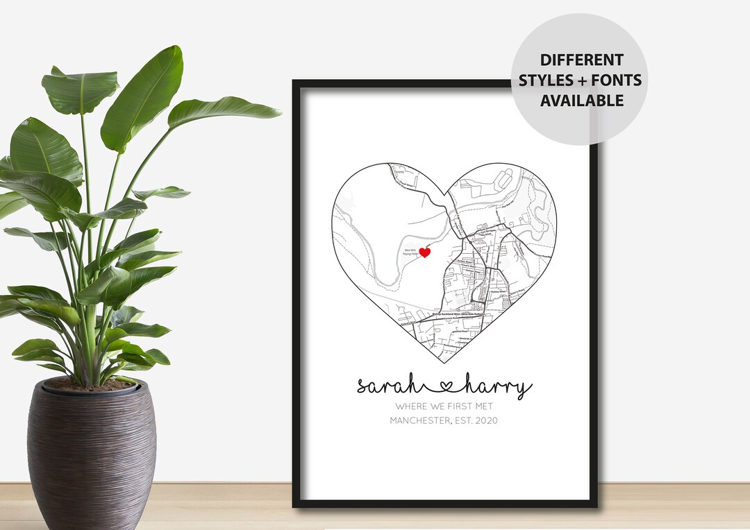 Personalised Where We First Met Heart Map Print | Couple Print ...