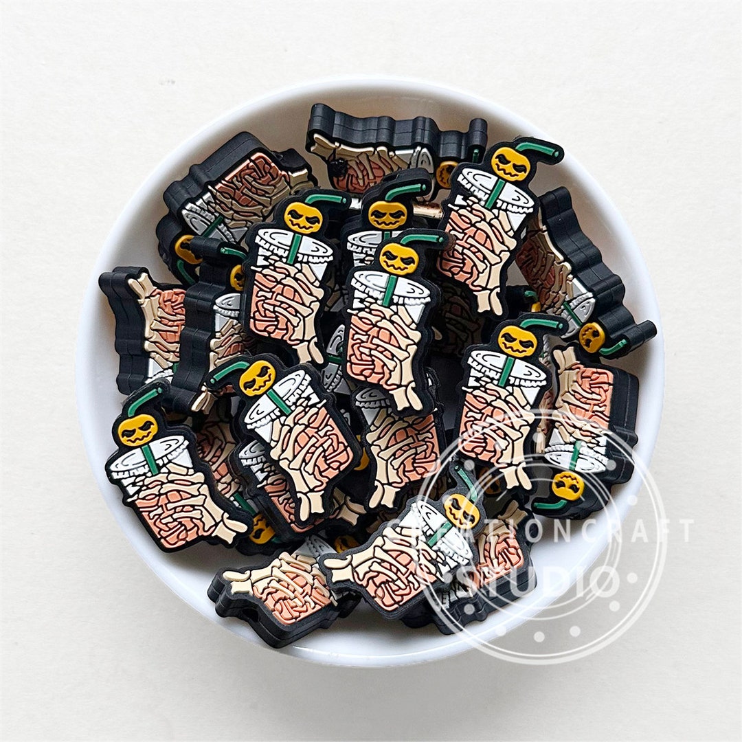 Silicone Beads, Iced Drinking Skeleton Hand Focal Beads, Pumpkin Drink ...