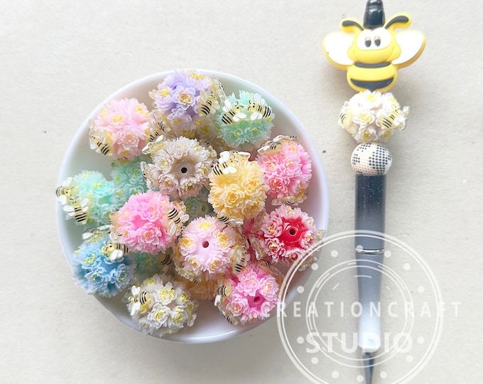Fancy Flower With Bee Acrylic Beads, Bee Flower Ball, Chunky Beads ...