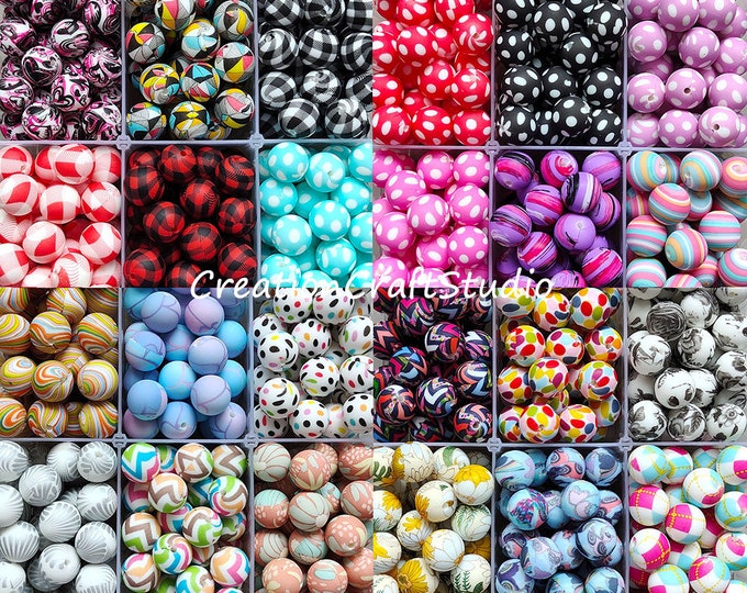 10 100pcs Bulk Silicone Beads, Round Loose Beads, 12/15mm Print ...