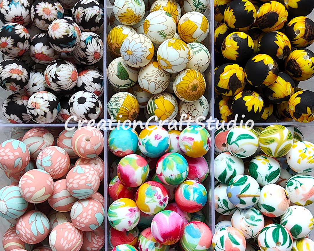 Flower Print Silicone Beads, Sunflower Beads, 12/15mm Wholesale Round ...