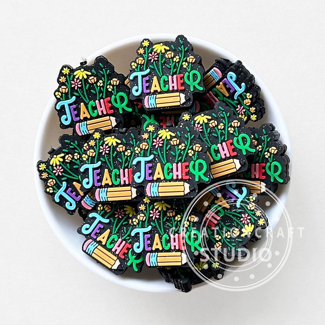 Teacher Floral Glitter Beads,focal Beads,back to School Silicone Beads ...