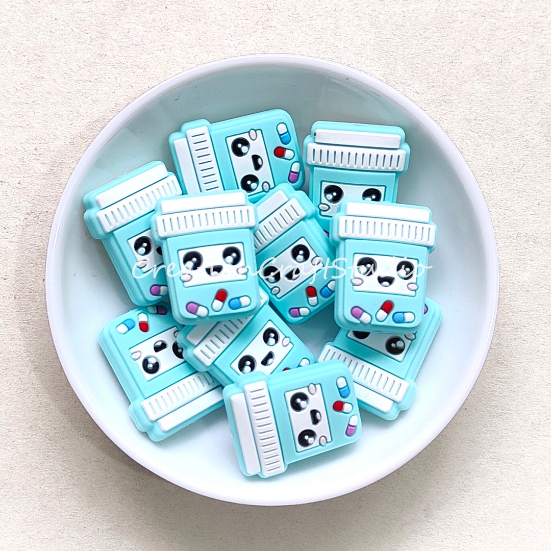 New Medicinal Silicone Beads, Light Blue Pill Bottle, Cartoon Beads, 28 ...