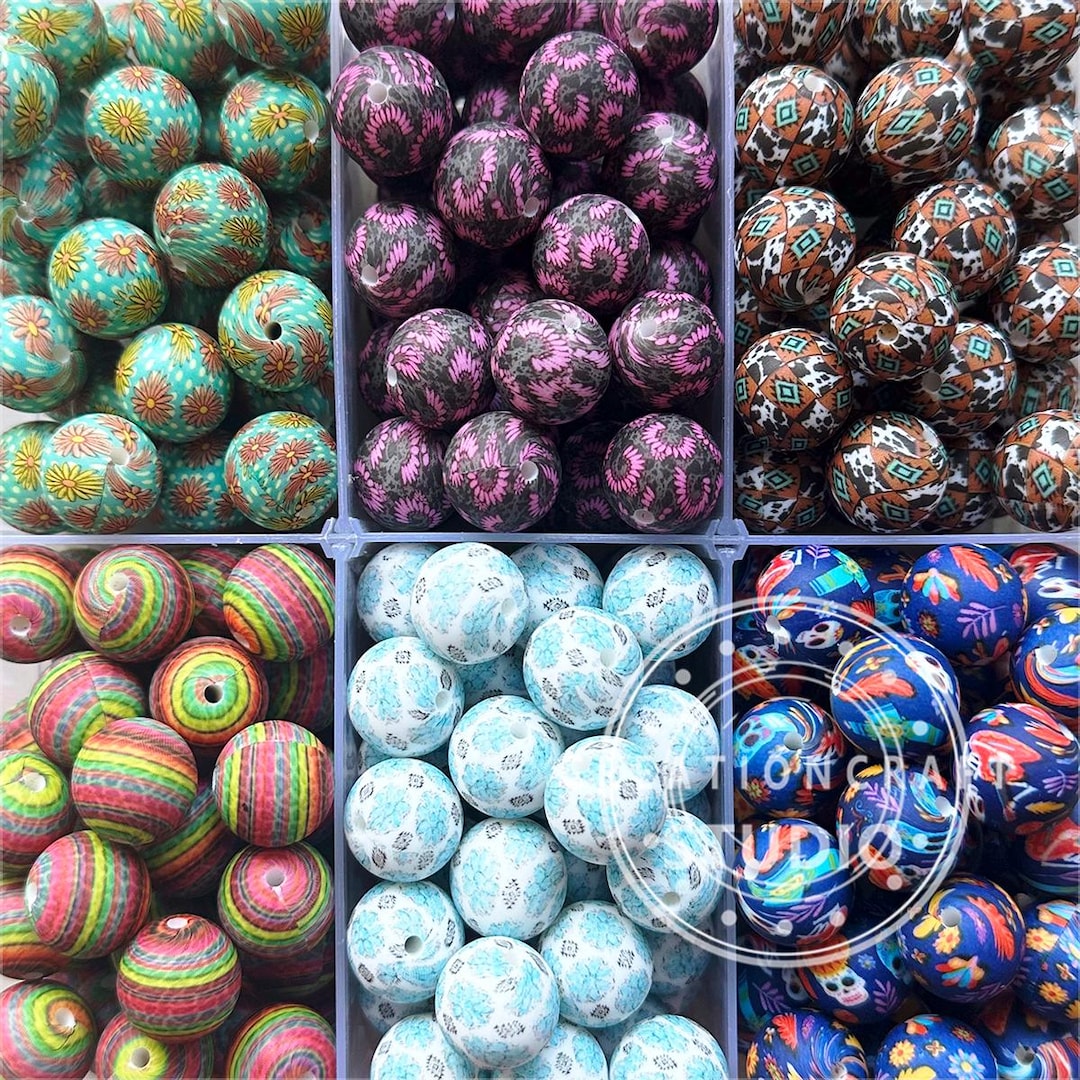 Daisy Beads, Flower Print Beads, Western Aztec Round Beads, 15mm ...