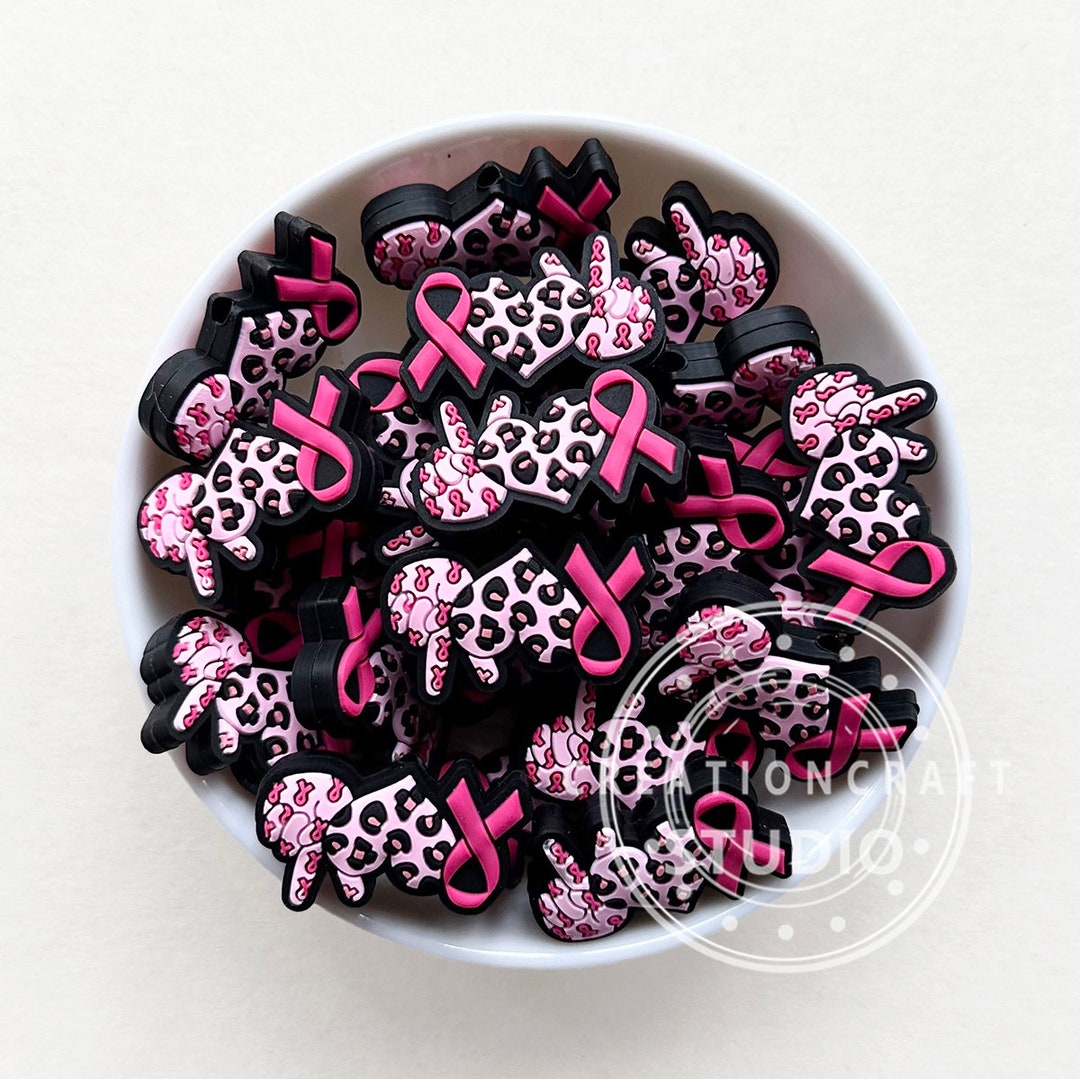 Focal Beads, Pink Ribbon Heart Silicone Beads,breast Cancer Awareness ...