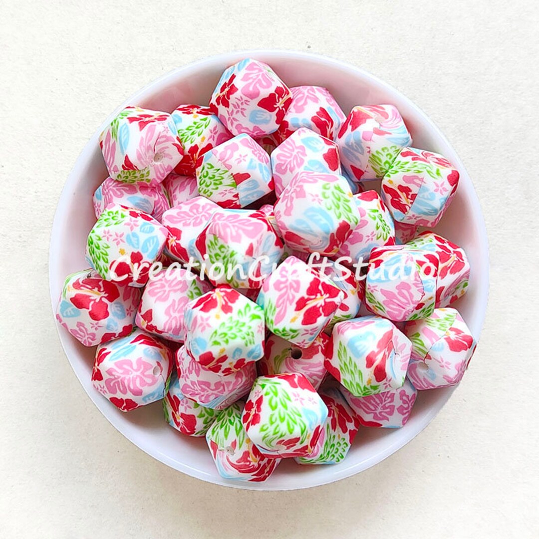 14mm Hexagon Flower Print Beads, Wholesale Silicone Beads, Polygon ...
