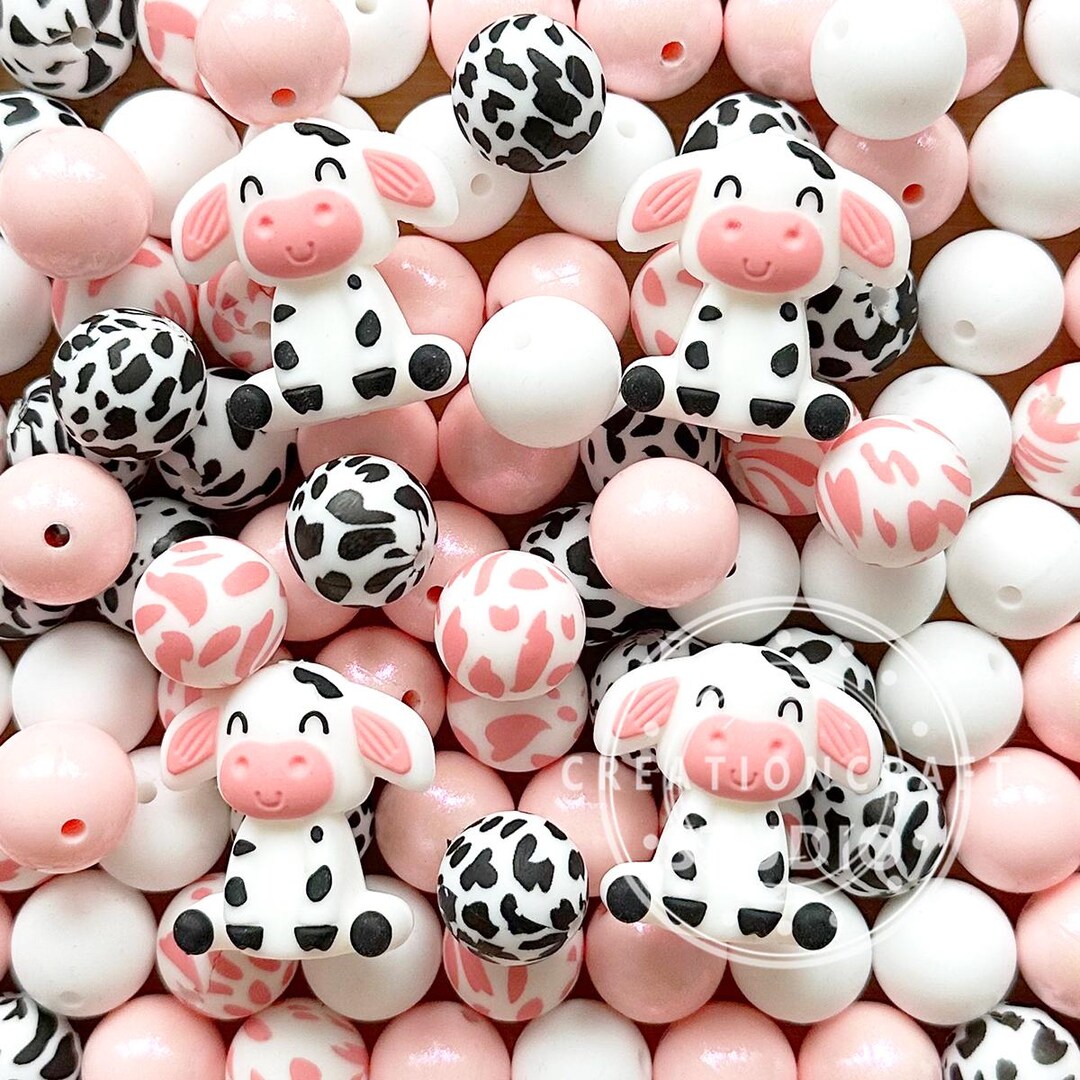 3D Cow Focal Beads,15mm Mixed Print Silicone Round Beads,24/48pcs Loose ...