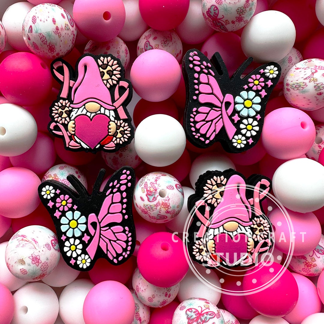 Breast Cancer Awareness Silicone Bead Mix,pink Ribbon Gnome Butterfly ...