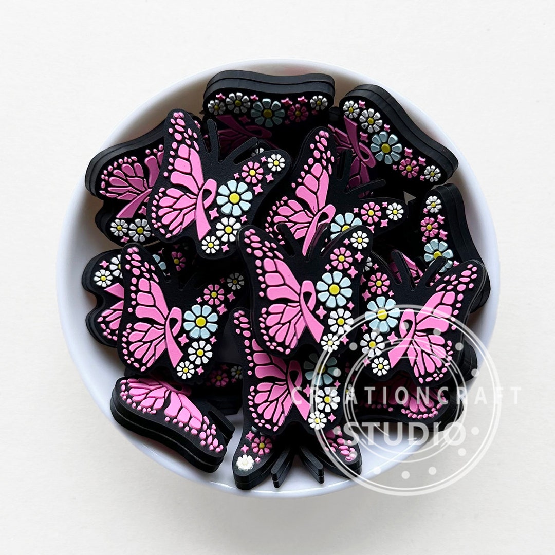 Breast Cancer Butterfly Focal Beads, Floral Butterfly Beads, Pink ...