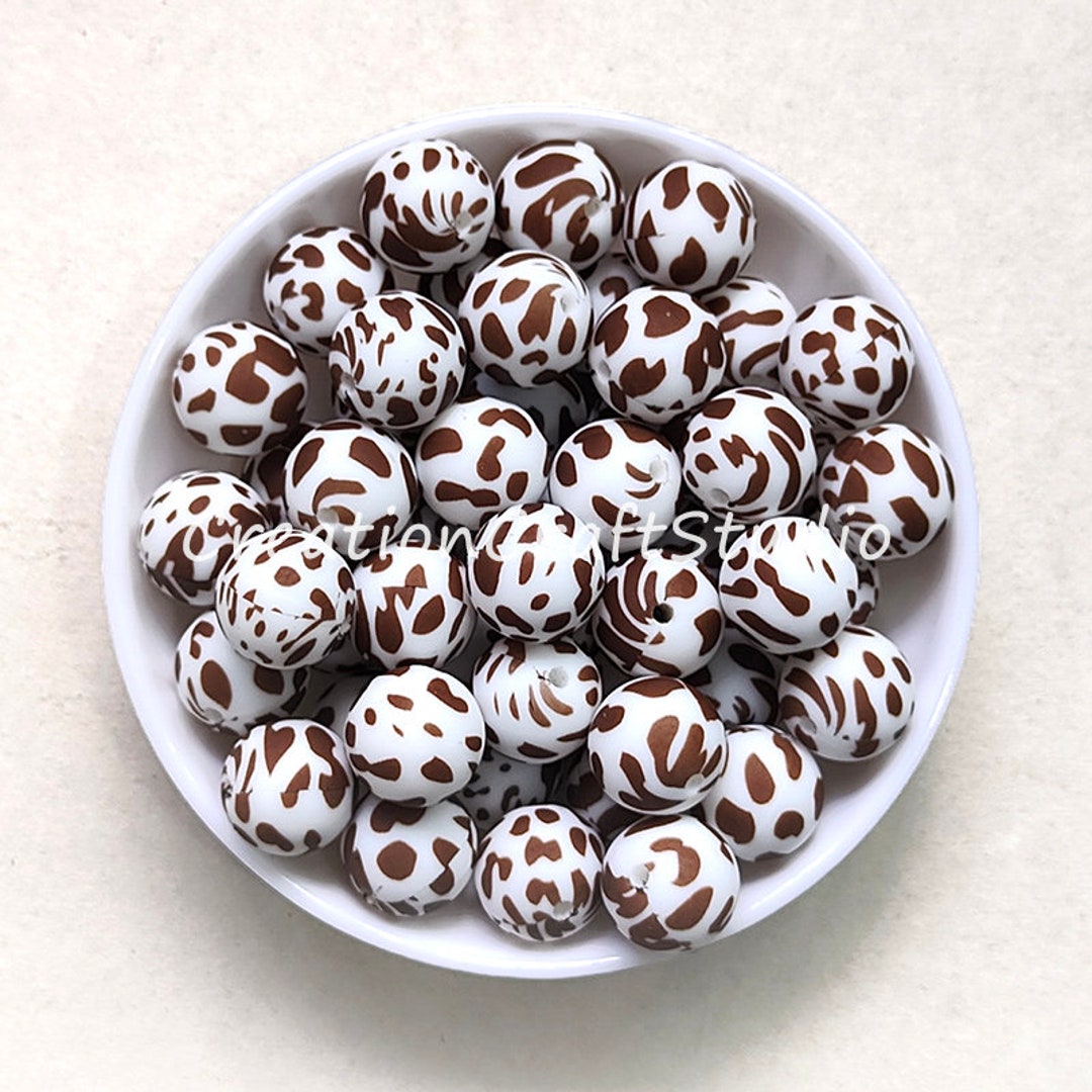 15mm Brown Cow Print Silicone Beads, Focal Beads, Bulk Round Silicone ...
