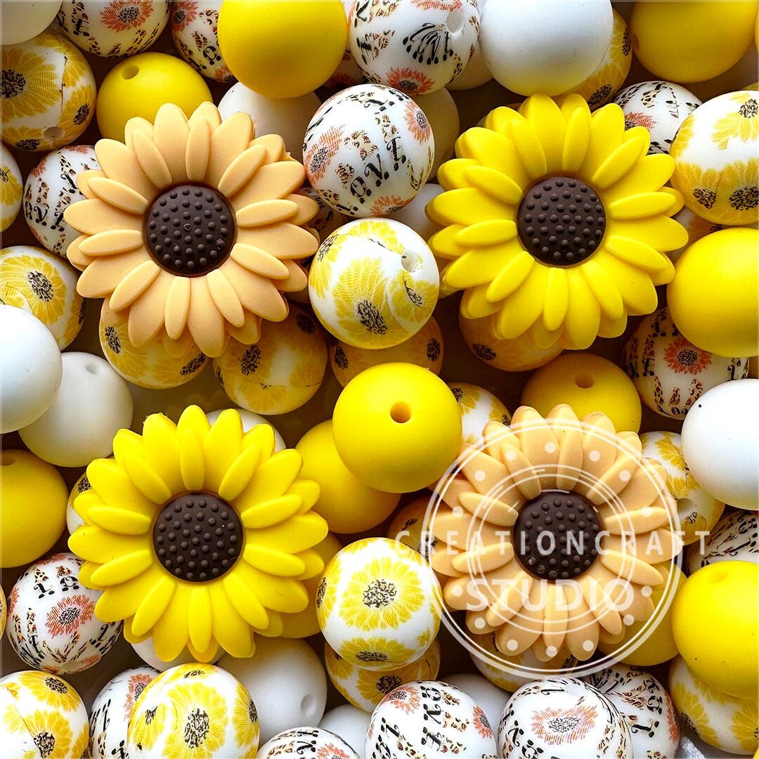 Sunflower Focal Beads, Silicone Beads Mix Pack, Print Beads, 15mm Round ...