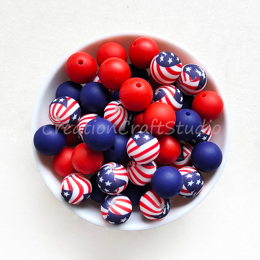 USA Flag Print Silicone Mixed Beads, Patriotic Day Beads, Bulk Silicone ...