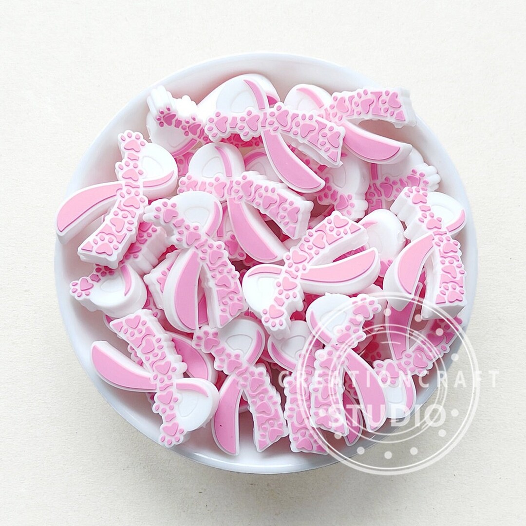 Dog Cat Paws Ribbon Focal Silicone Beads, Breast Cancer Awareness ...