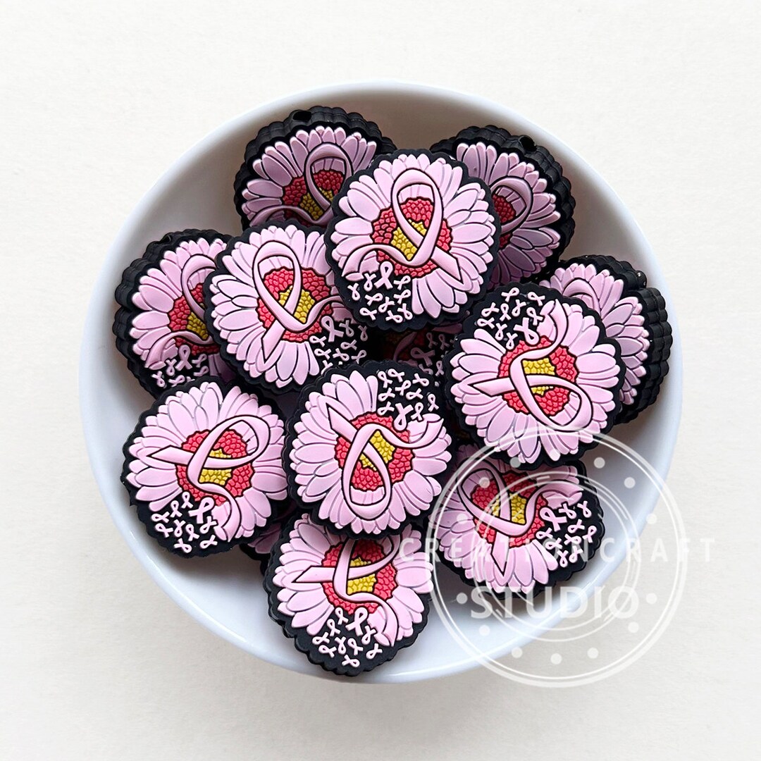 Breast Cancer Awareness Beads, Cancer Ribbon Flower Silicone Beads ...