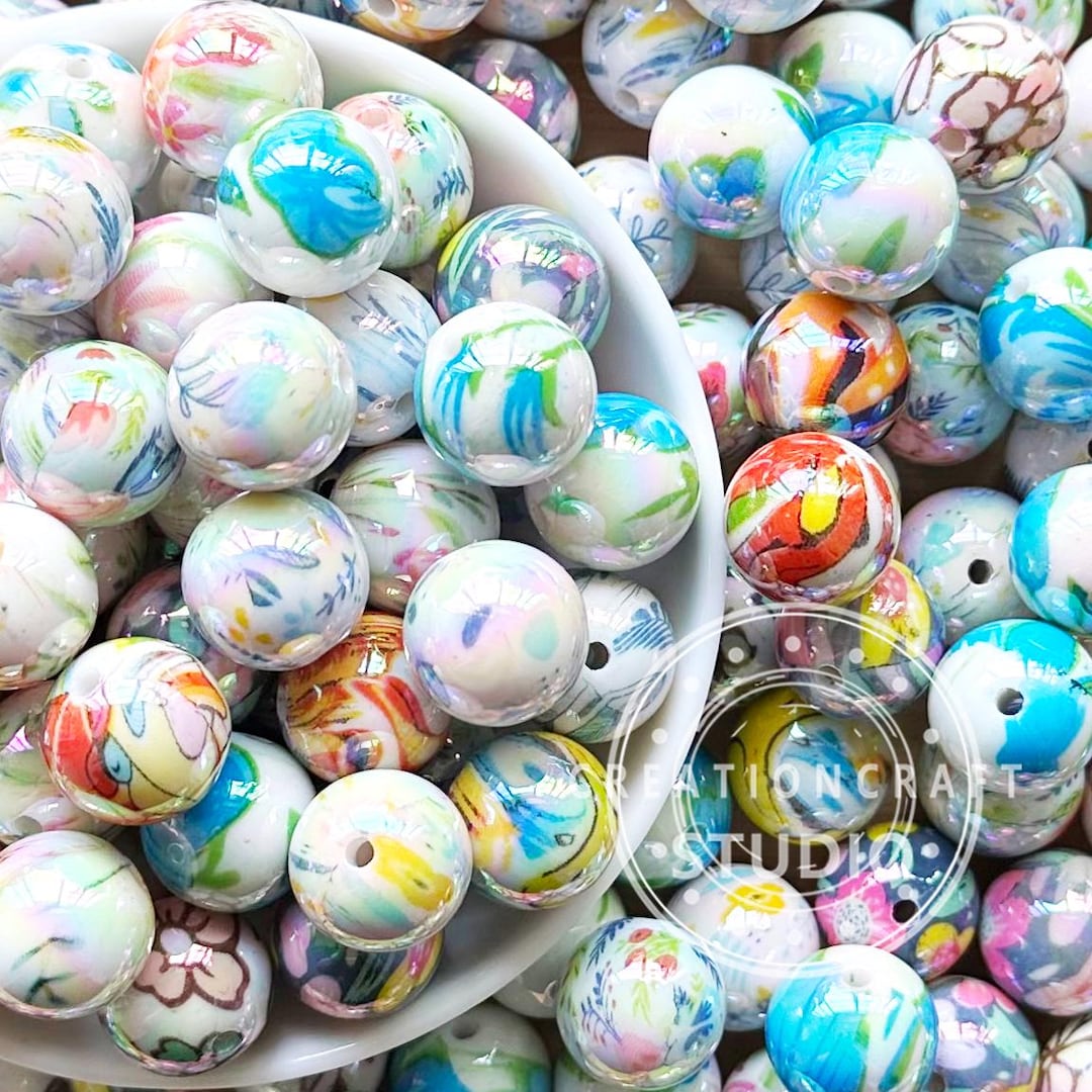 Round Loose Beads,16mm Floral Print Acrylic Beads,gumball Beads ...