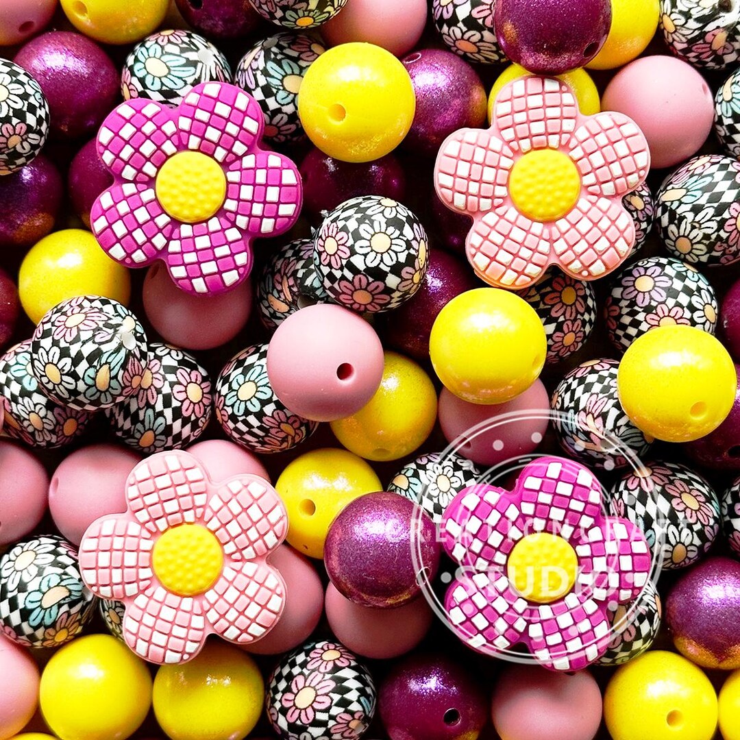 Check Flower Beads,silicone Beads for Jewelry,15mm Round Beads,assorted ...