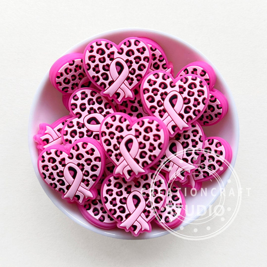 Leopard Heart Silicone Beads, Breast Cancer Awareness Ribbon Focal ...